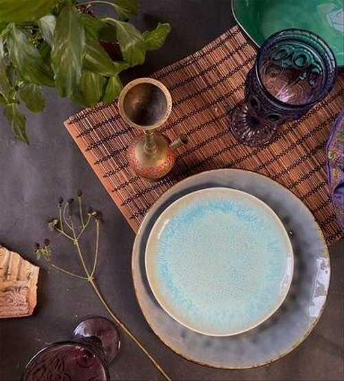 Тарелка керамическая серо-голубая