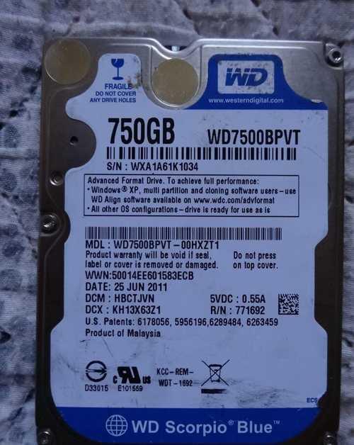 Неисправный жесткий диск 2,5 750 Gb