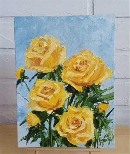 Маленькая картина маслом "Желтые розы"