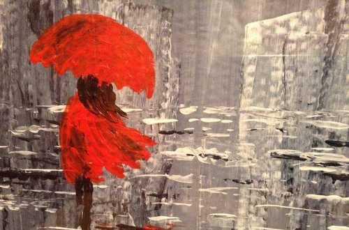 Картина акрил Девушка в красном плаще под Зонтом