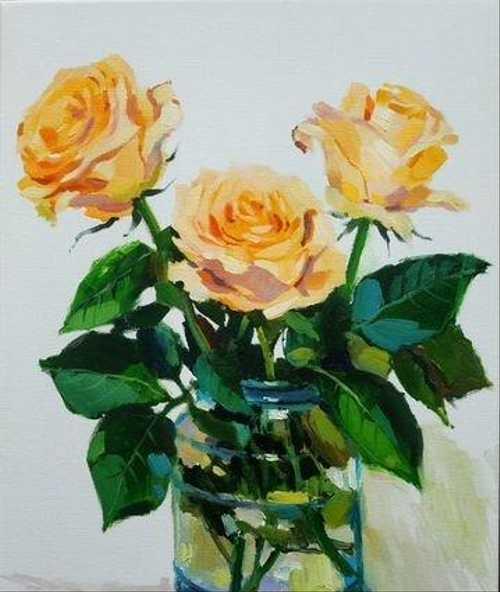 Картина маслом "Персиковые розы"