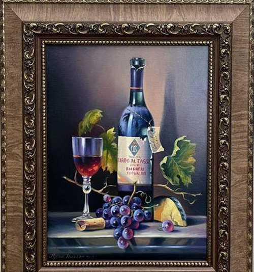 Картина маслом на холсте «Натюрморт с вином и сыро