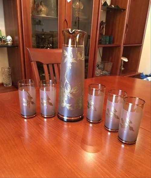 Богемское стекло, Графин, кувшин и 5 стаканов