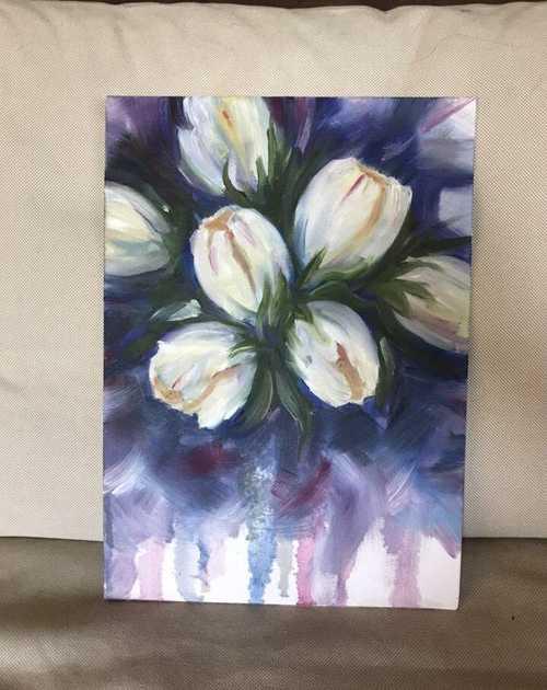 Картина маслом «Белые тюльпаны» 25х35