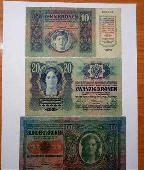 Банкноты: 100; 20; 10 крон Австро-Венгрия (монеты)