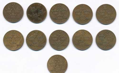 Швеция, 2 эре, бронза 1925-1950 года