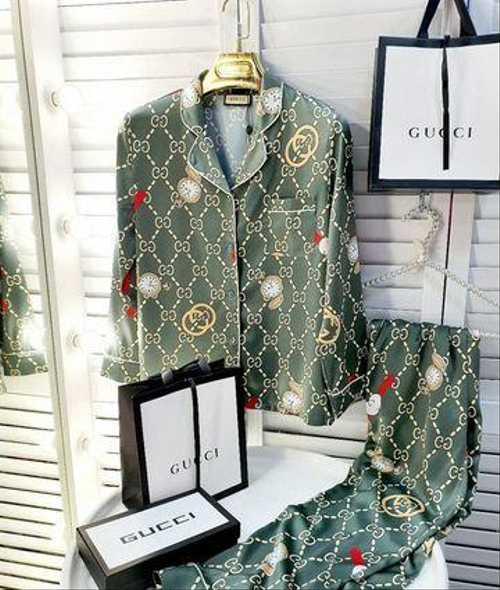 Пижама женская рубашка + брюки бренд Gucci зеленая