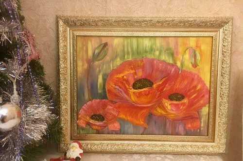 Картина масло холст Цветы Маки 40 x 30 с рамой
