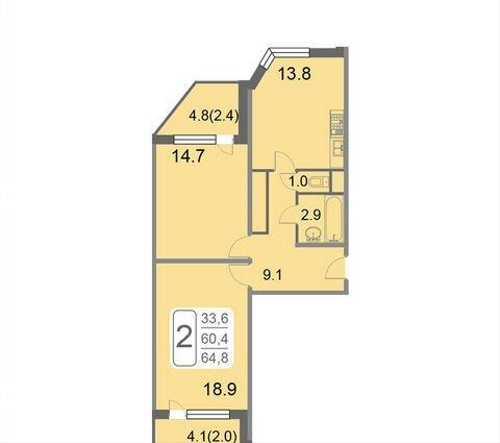 2-к квартира, 64.8 м², 9/24 эт.