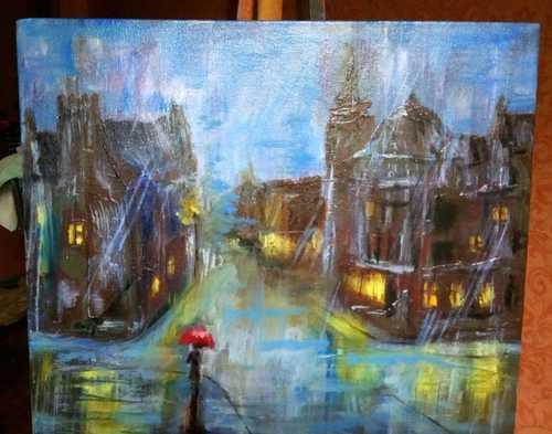 Картина маслом "Городской дождь"