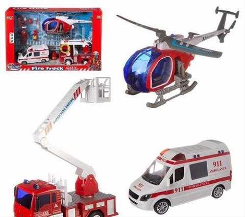 Набор игровой Junfa Служба спасения (пожарная машина, скорая помощь, вертолет, акссесуары), со световыми и звуковыми эффектами, в коробке 9929C