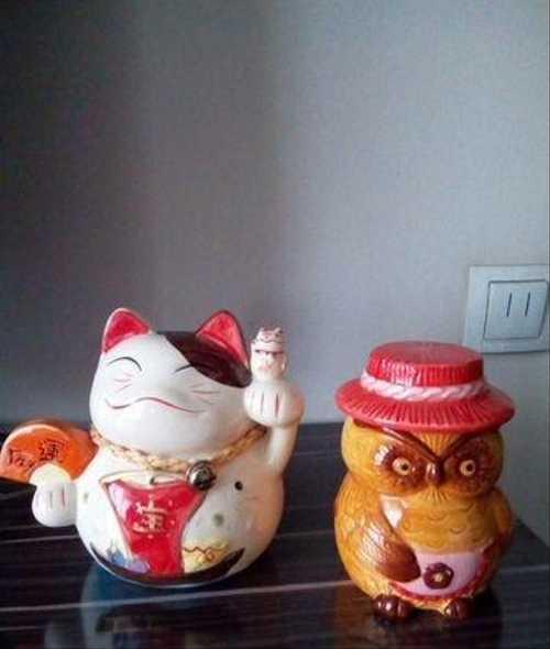 Керамические фигурки, китайский кот и сова