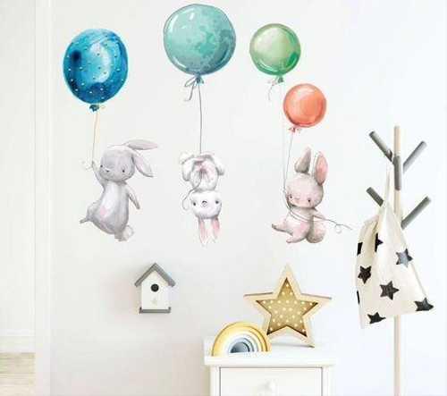 Интерьерная наклейка на стену «Кролики с шариками»