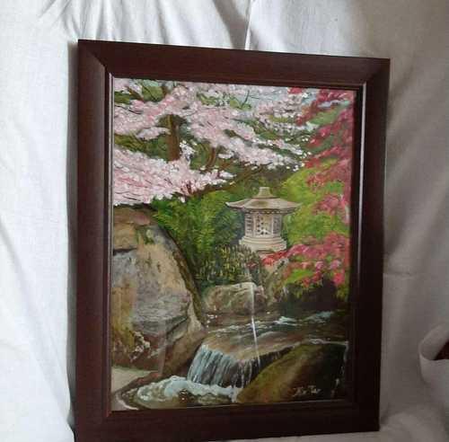 Картина Японский сад с сакурой в раме холст масло