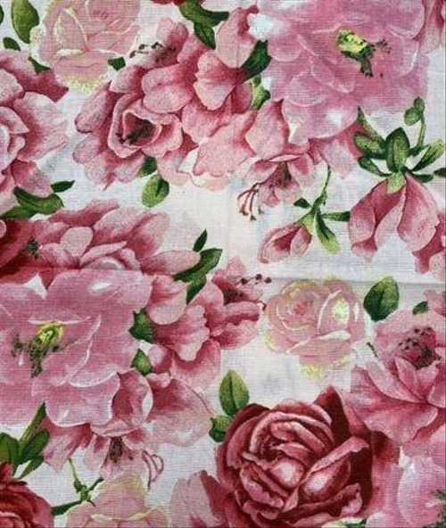 Скатерть и салфетки Рогожка с цветами розовая 250х