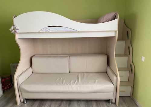 Кровать двухъярусная + 2-с диван + хранение