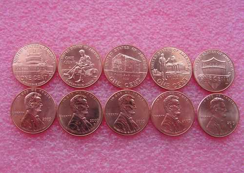 Набор 5 монет США 1 цент Жизнь Линкольна