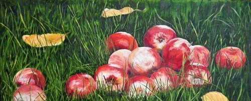 Картина маслом. "Сочные яблоки в зеленой траве"