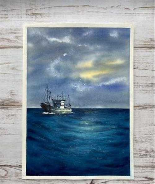 Картина акварельная Морской пейзаж с лодкой