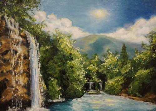 Картина маслом на холсте пейзаж "Водопад"