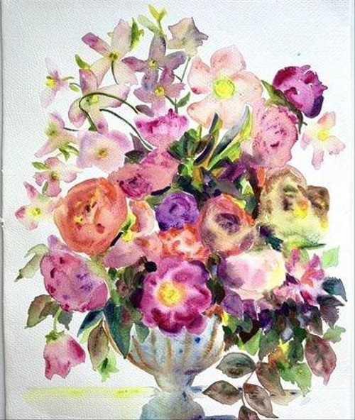 Картина акварелью «Цветы в вазе» подарок картина в