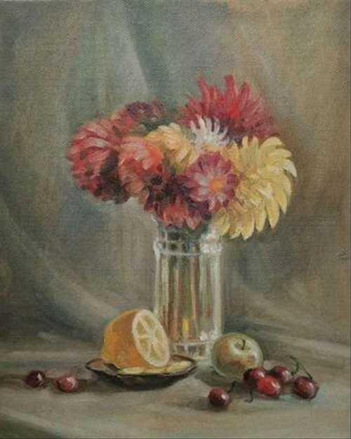 Картина маслом на двп "Натюрморт с цветами"