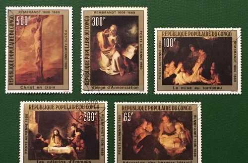 Марки 5 шт. Живопись Рембрандта. Конго 1980 г