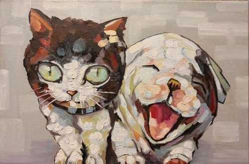 Картина маслом на холсте животные кошка и собака