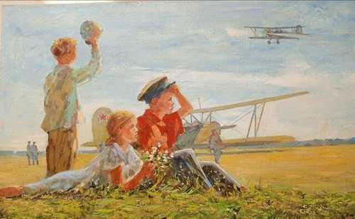 Картина Соцреализм холст масло "Дети будущие летчи
