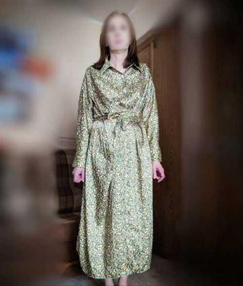 Длинное платье-халат с принтом и с поясом Zara