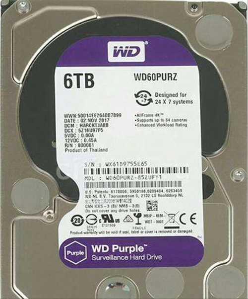 Жесткий диск wd purple 6tb wd60purz
