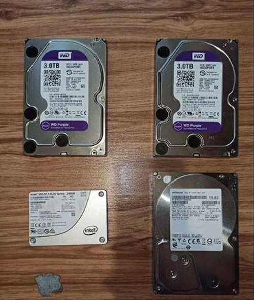 3Tb wd purple 2шт, 240Gb ssd intel, 1Tb hitachi