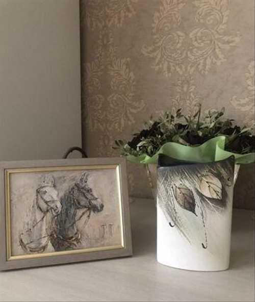 Картина масло и керамическая вазочка ручная роспис