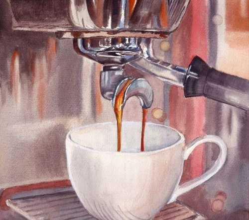 Картина акварелью Кофе в кафе белая чашка