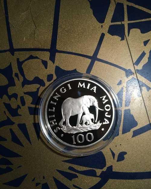 Фауна Слоны. Серебро 100 шиллингов 1986 года