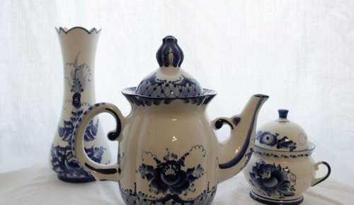 Чайная пара и ваза Гжель ручная роспись