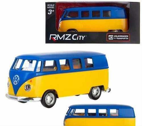 Машинка металлическая Uni-Fortune RMZ City 1:32 Автобус инерционный Volkswagen Type 2 (T1) Transporter, цвет матовый синий с желтым, 16,5*7,5*7 см 554