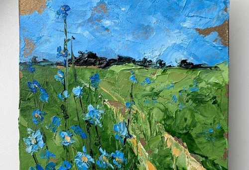 Картина маслом поле с синими цветами летний пейзаж