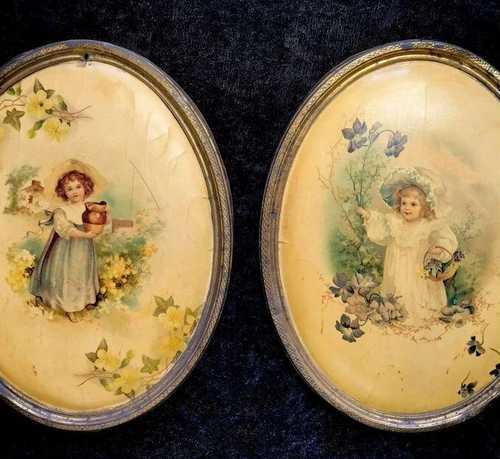 Картины антикварные старинные 19 век девочки пара