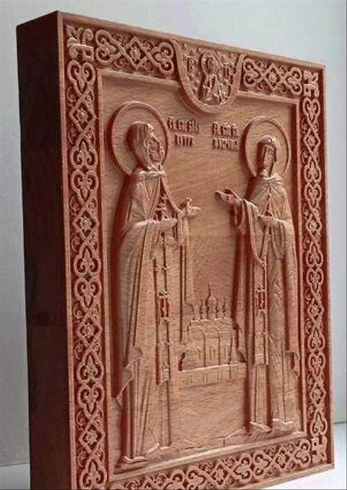 Икона "Св. Петра и Февронии" резная деревянная