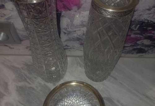 Хрустальные вазы с серебряным мельхиоровым ободком