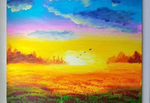 Картина пейзаж закат в маковом поле