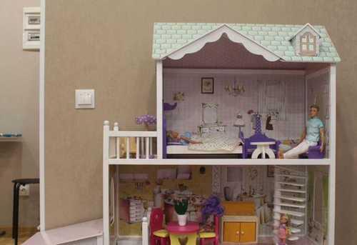 Кукольный домик + гараж + мебель + куклы