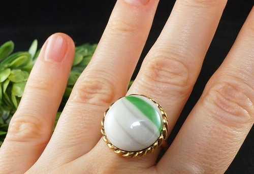Кольцо Зеленое Белое Стекло Круглое Перстень