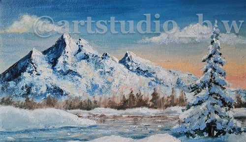 Картина маслом "Зимний пейзаж с горами"