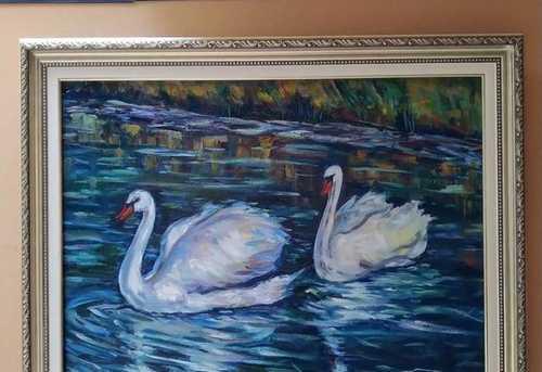 Картина маслом "Лебеди на озере"в раме