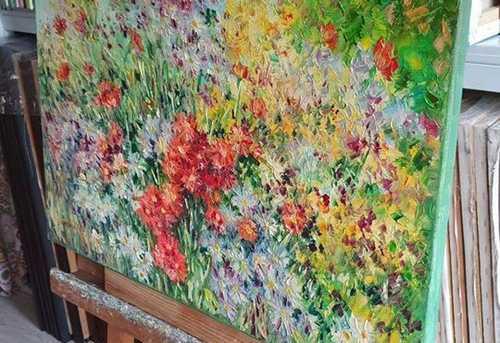 Картина маслом на холсте Цветы васильки ромашки