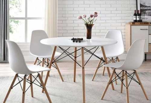 Белый круглый стол 100см и пластиковые стулья 4 шт