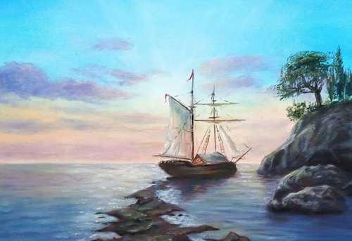 Картина маслом Морской пейзаж. Парусник, танкер