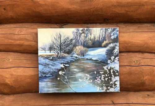 Картина маслом зимний пейзаж, река